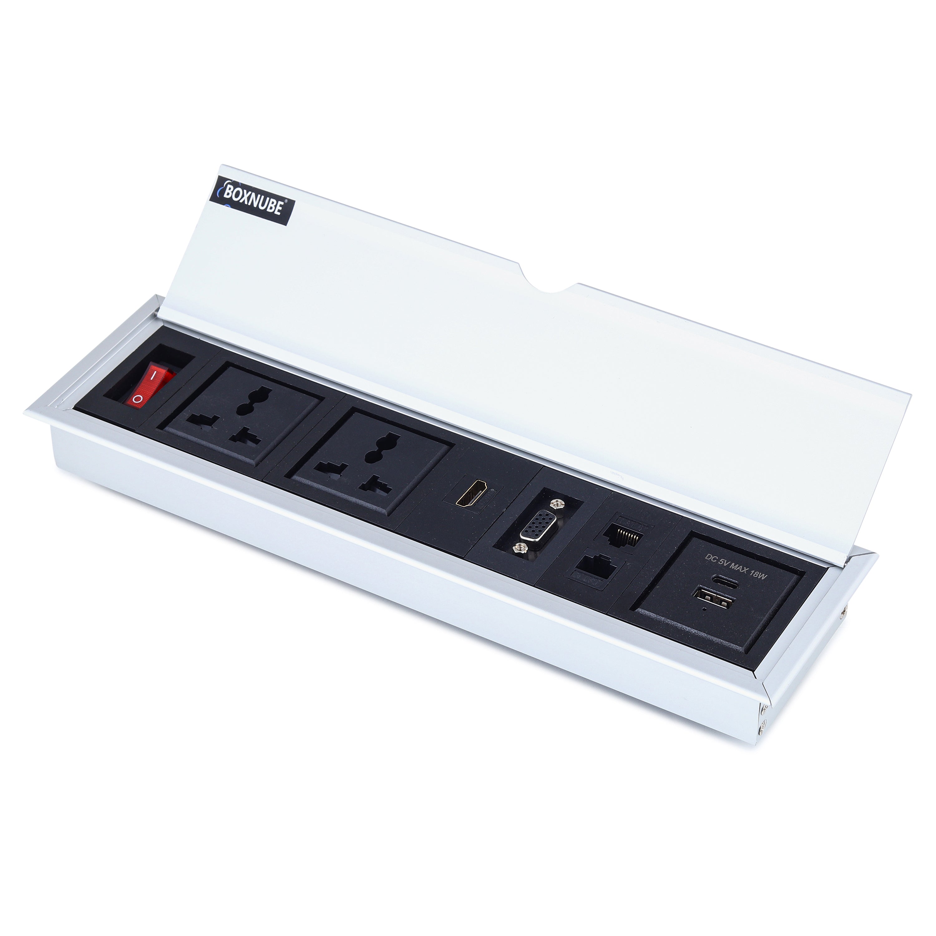 BOXNUBE Flip Top Table Mount Power & Data Cable Cubby with HDMI, VGA,